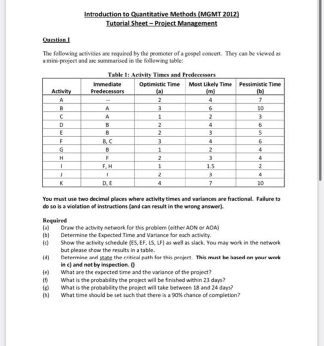 Solved Introduction to Quantitative Methods (MGMT 2012) | Chegg.com