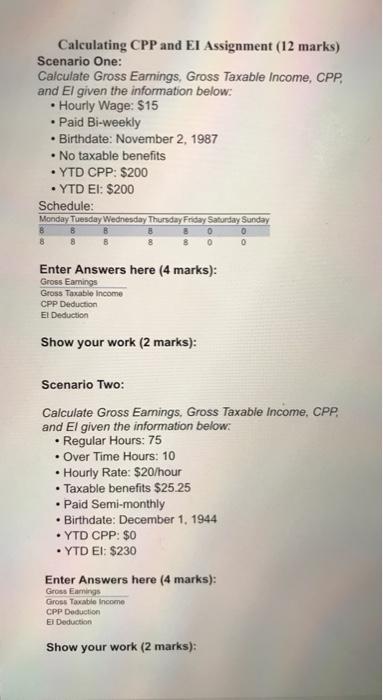 Calculating CPP and El Assignment (12 marks) Scenario | Chegg.com