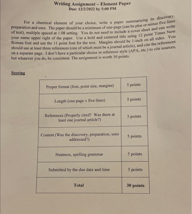 Solved For a chemical element of your choice, write a paper | Chegg.com