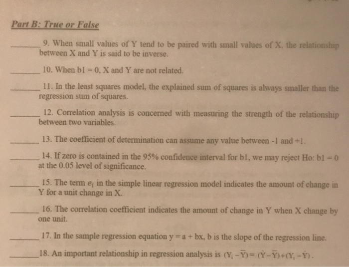 Solved Part B: True or False 9. When small values of Y tend | Chegg.com