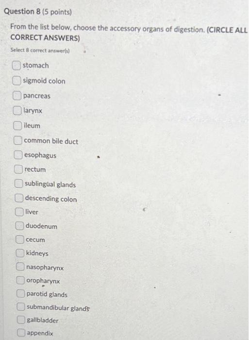 Solved From the list below, choose the accessory organs of | Chegg.com