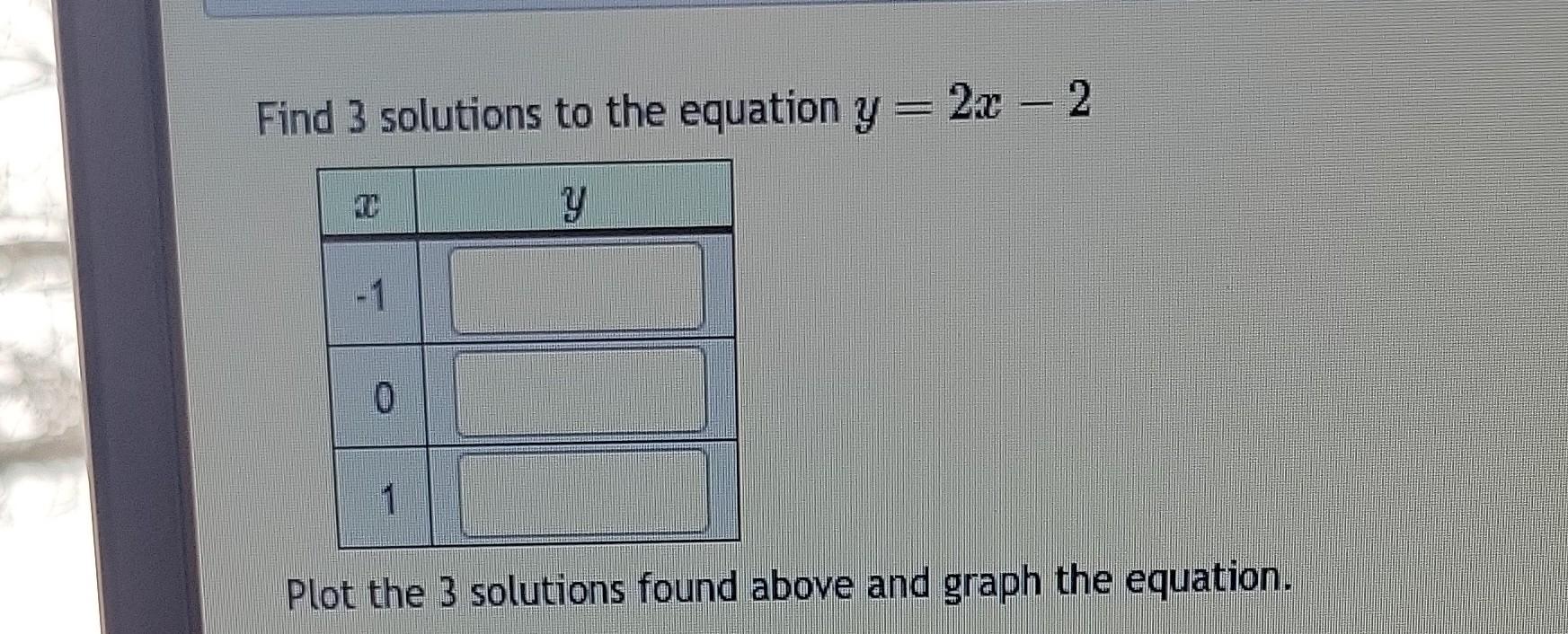 Solved Find 3 solutions to the equation y=2x−2 Plot the 3 | Chegg.com
