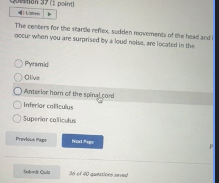 Solved The centers for the startle reflex, sudden movements | Chegg.com