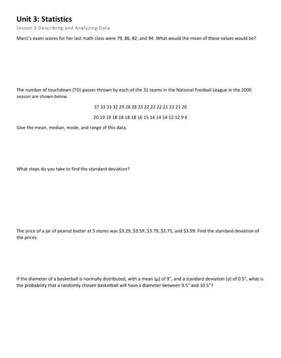 Solved Unit 3: Statistics Lesson 3 Describing and Analyzing | Chegg.com