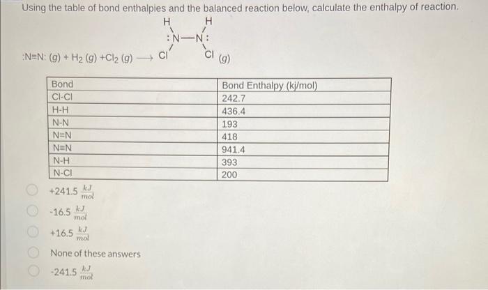 Solved Using the table of bond enthalpies and the balanced | Chegg.com