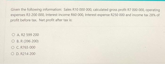 Solved Given the following information: Sales R10 000 000, | Chegg.com