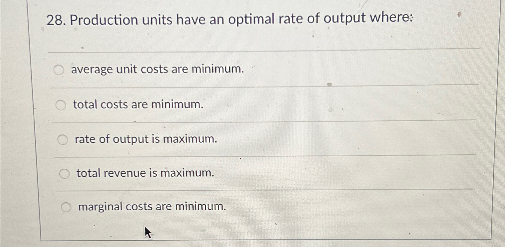 Solved Production units have an optimal rate of output | Chegg.com