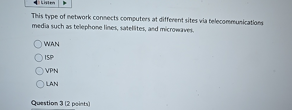 Solved ListenThis type of network connects computers at | Chegg.com