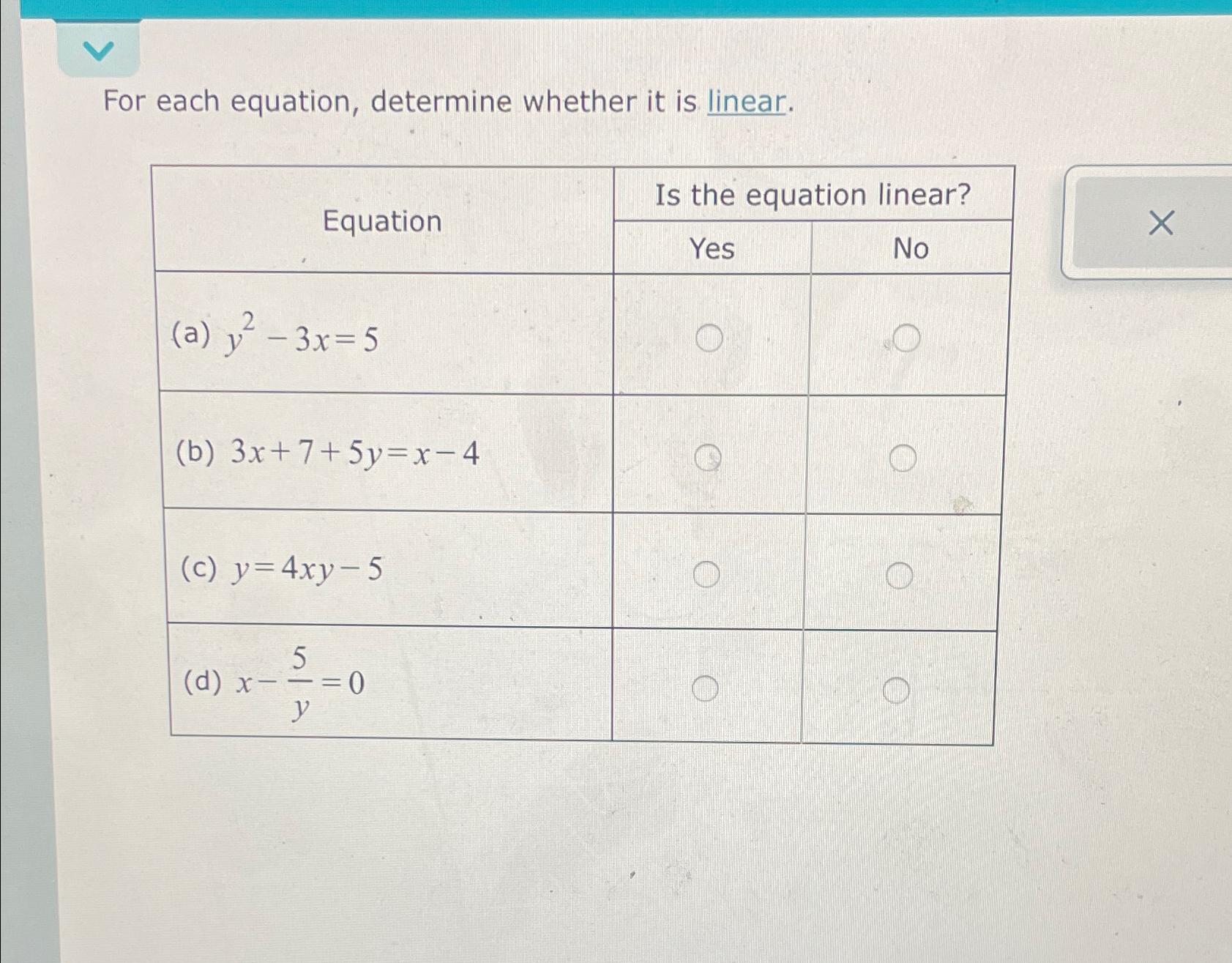 Solved For each equation, determine whether it is | Chegg.com