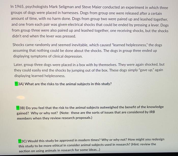 Solved In 1965, psychologists Mark Seligman and Steve Maier | Chegg.com