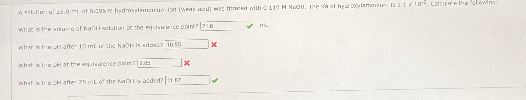 Solved A solution of 25.0mL ﻿of 0.095M ﻿hydroxylamonlum lon | Chegg.com