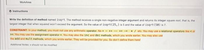 Solved JAVA. Write the definition of method named isqrt. The | Chegg.com Solved JAVA. Write the definition of method named isqrt. The | Chegg.com