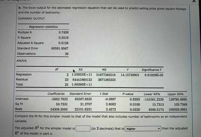 Solved a. The Excel output for the estimated regression | Chegg.com