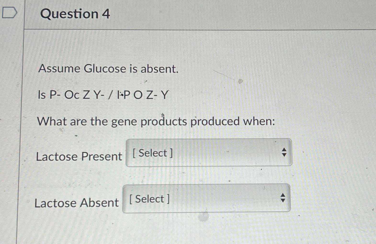 Solved Question 4Assume Glucose is absent.Is P-OcZY-? I:P O | Chegg.com Solved Question 4Assume Glucose is absent.Is P-OcZY-? I:P O | Chegg.com