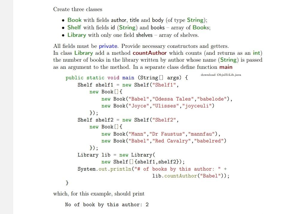 Solved Create three classes - Book with fields author, title | Chegg.com