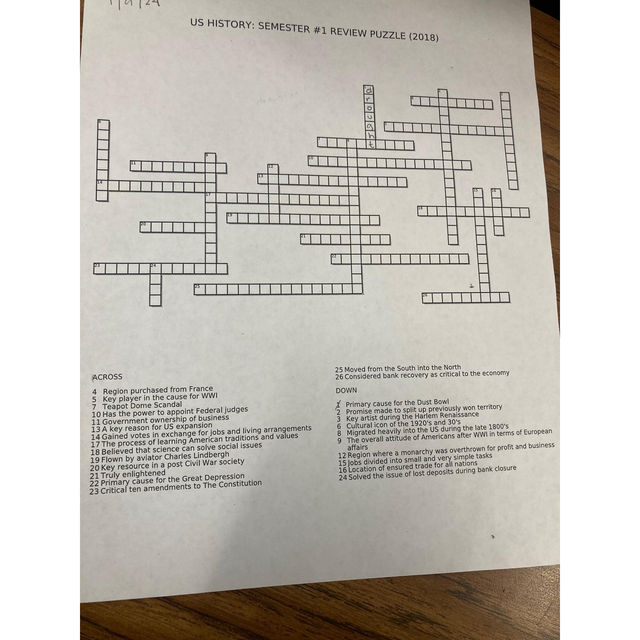 US HISTORY: SEMESTER # 1 ﻿REVIEW PUZZLE (2018)ACROSS4 | Chegg.com