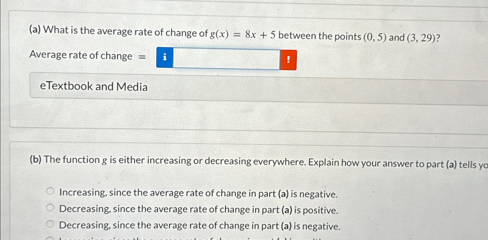 Solved (a) ﻿What is the average rate of change of g(x)=8x+5 | Chegg.com