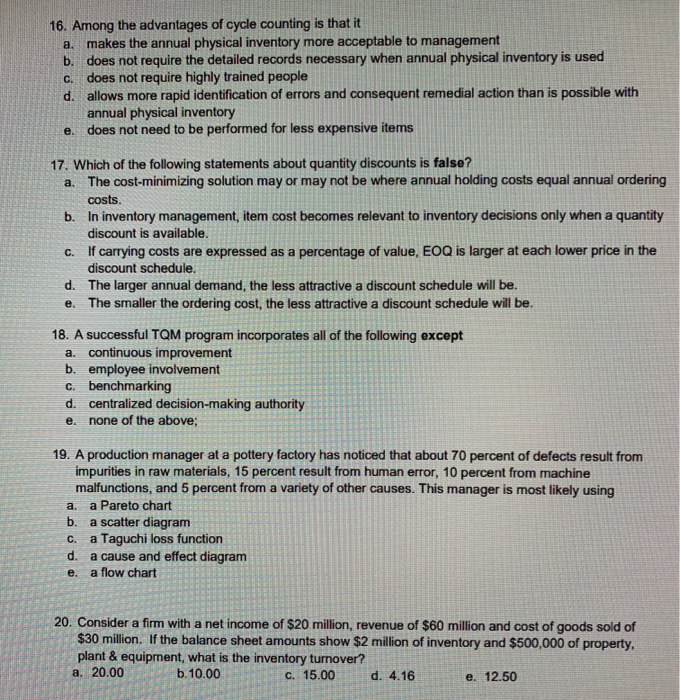 Solved a. 16. Among the advantages of cycle counting is that | Chegg.com