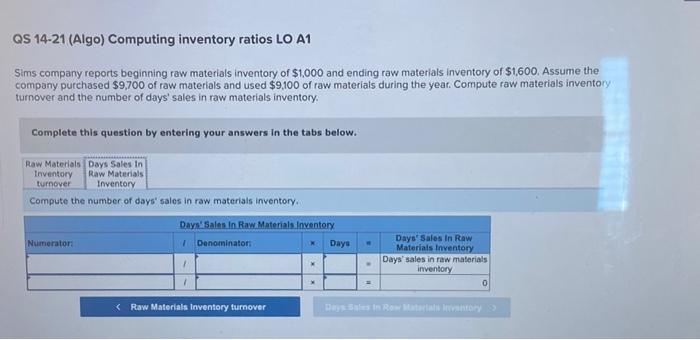 Solved QS 14-21 (Algo) Computing inventory ratios LO A1 Sims | Chegg.com