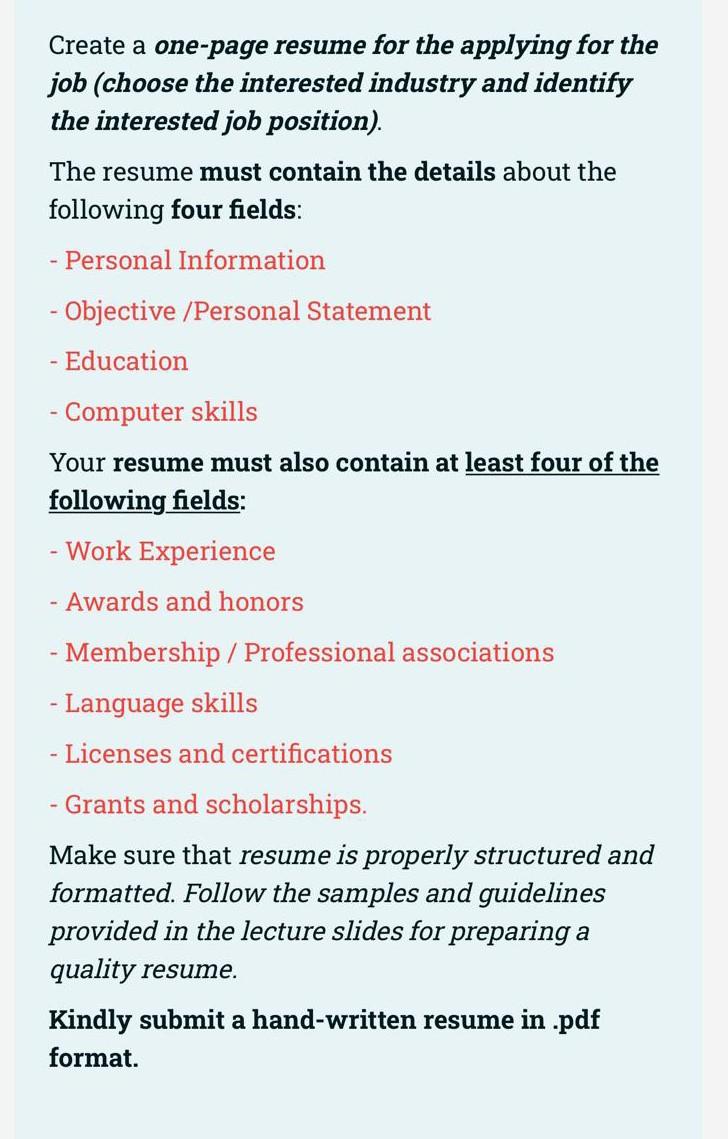 Create a one-page resume for the applying for the job | Chegg.com