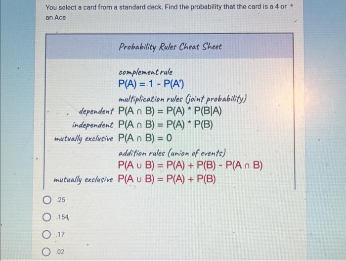 Solved You select a card from a standard deck. Find the | Chegg.com