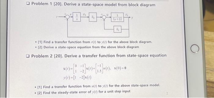 Solved Problem 1 [20]. Derive a state-space model from block | Chegg.com