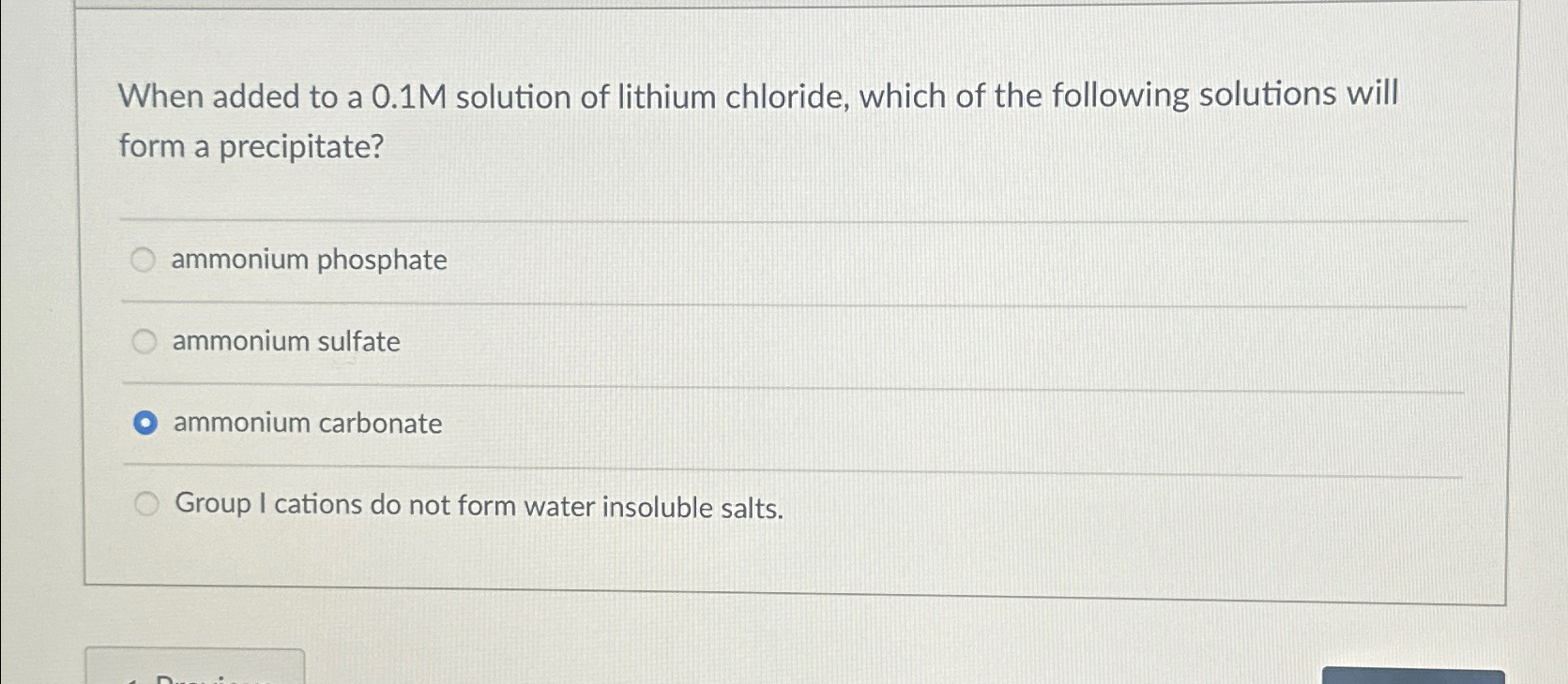 Solved When added to a 0.1M ﻿solution of lithium chloride, | Chegg.com