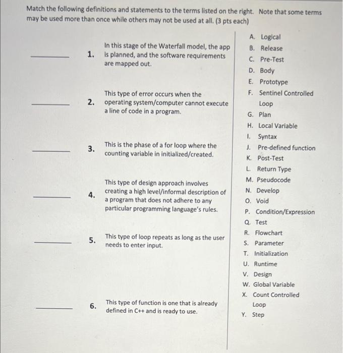 Solved Match the following definitions and statements to the | Chegg.com