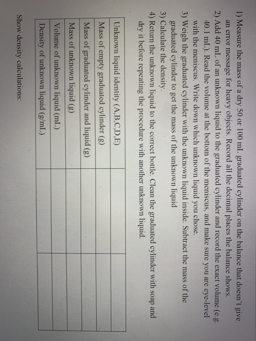 Solved Prelab Questions 1) Calculate the density of a liquid | Chegg.com