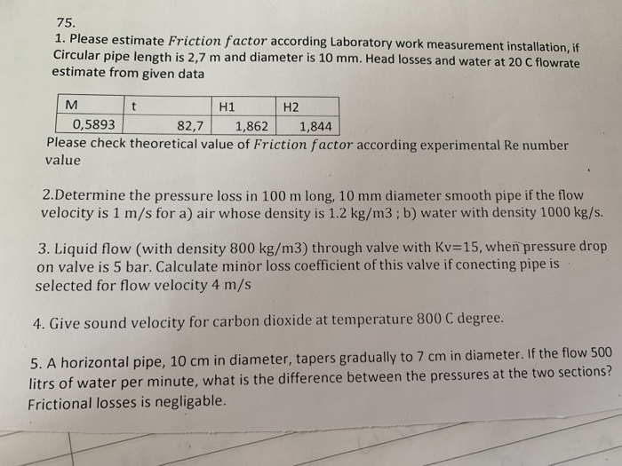 Solved 75. 1. Please estimate Friction factor according | Chegg.com