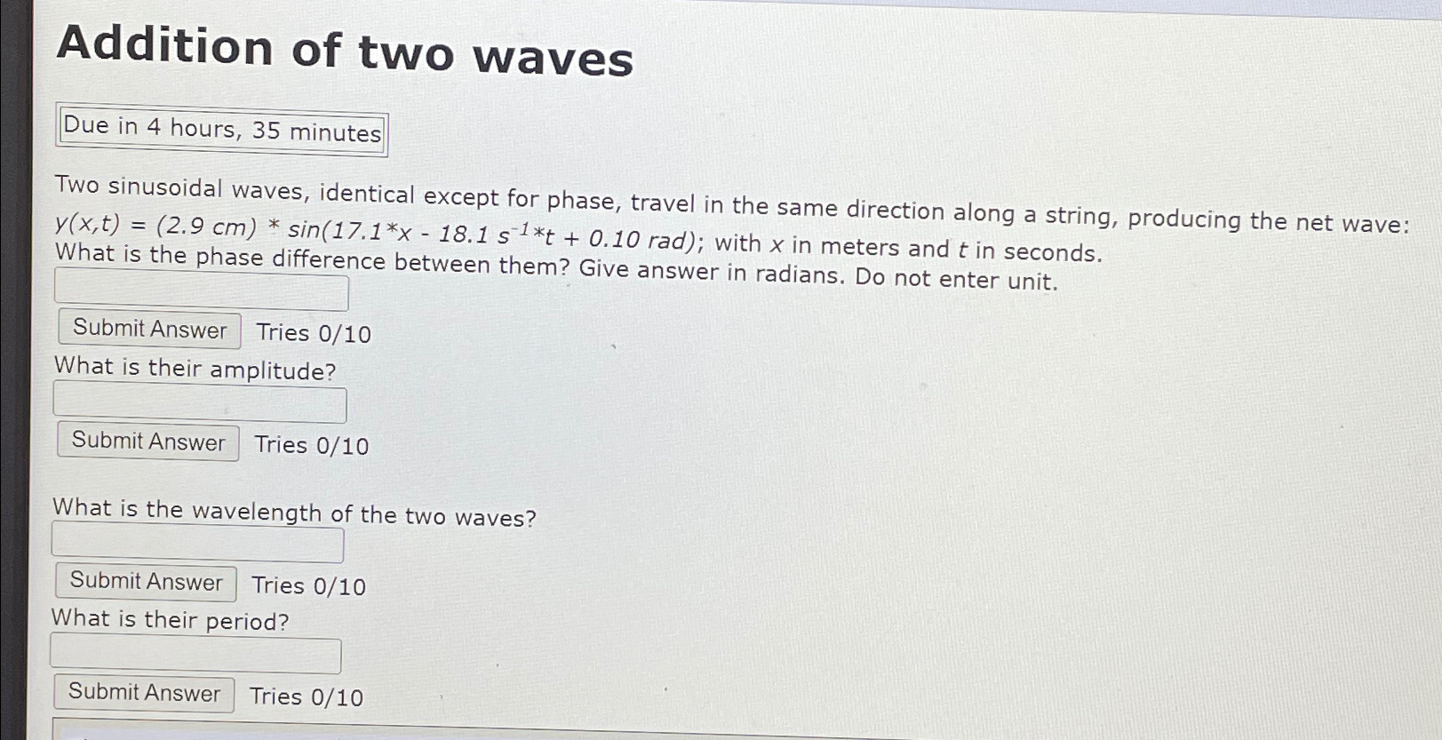 Solved Addition of two wavesDue in 4 ﻿hours, 35 ﻿minutesTwo | Chegg.com