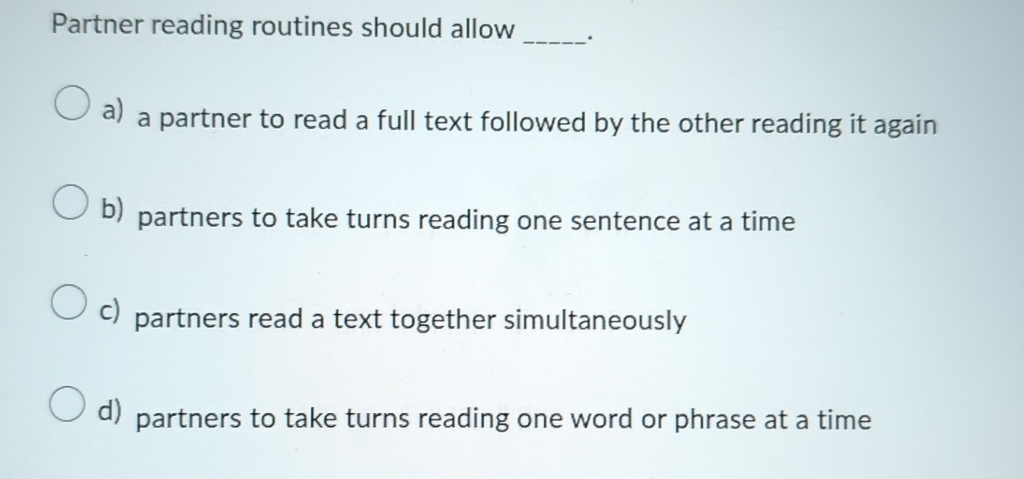 Solved Partner reading routines should allowa) ﻿a partner to | Chegg.com