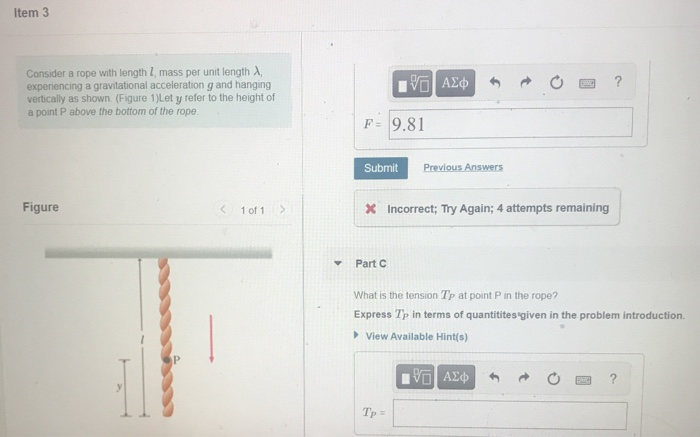Solved Item 3 Consider a rope with length 1 mass per unit | Chegg.com