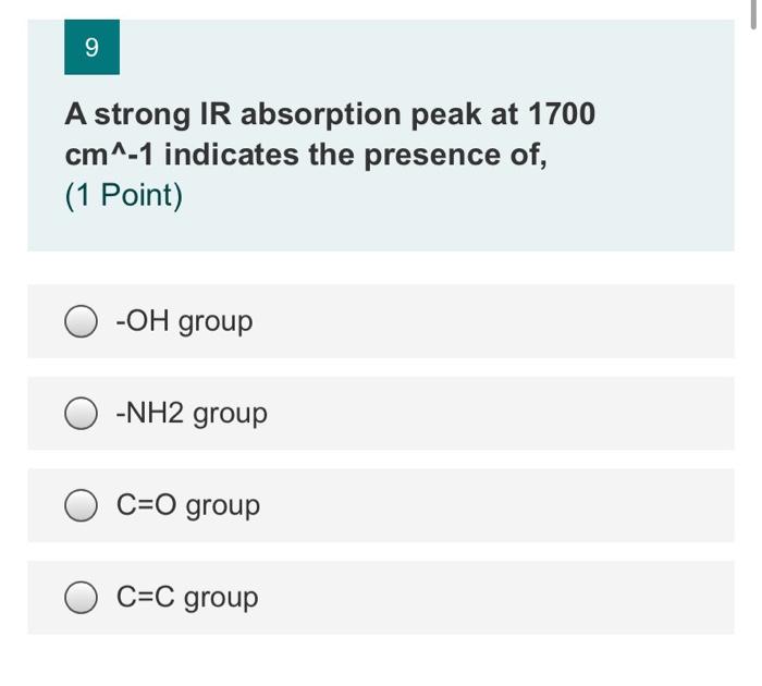 Solved 9 A strong IR absorption peak at 1700 cm^-1 indicates | Chegg.com