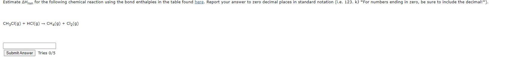 Solved Ch3cl G Hcl G →ch4 G Cl2 G Table[[submit Answer