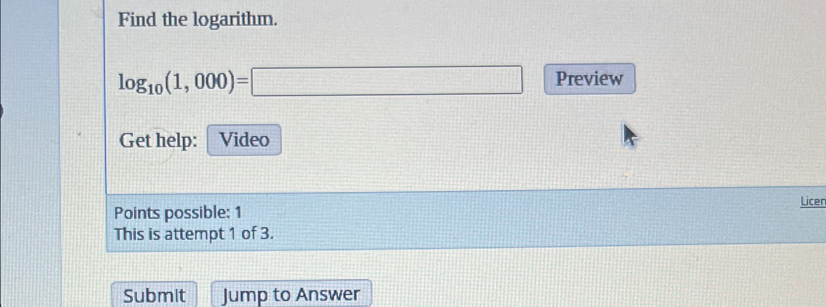 Solved Find the logarithm.log10(1,000)=Get help:Points | Chegg.com