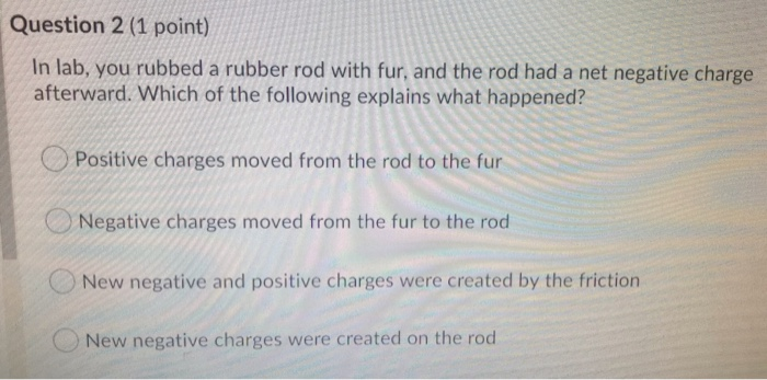Solved Question 2 (1 point) In lab, you rubbed a rubber rod | Chegg.com