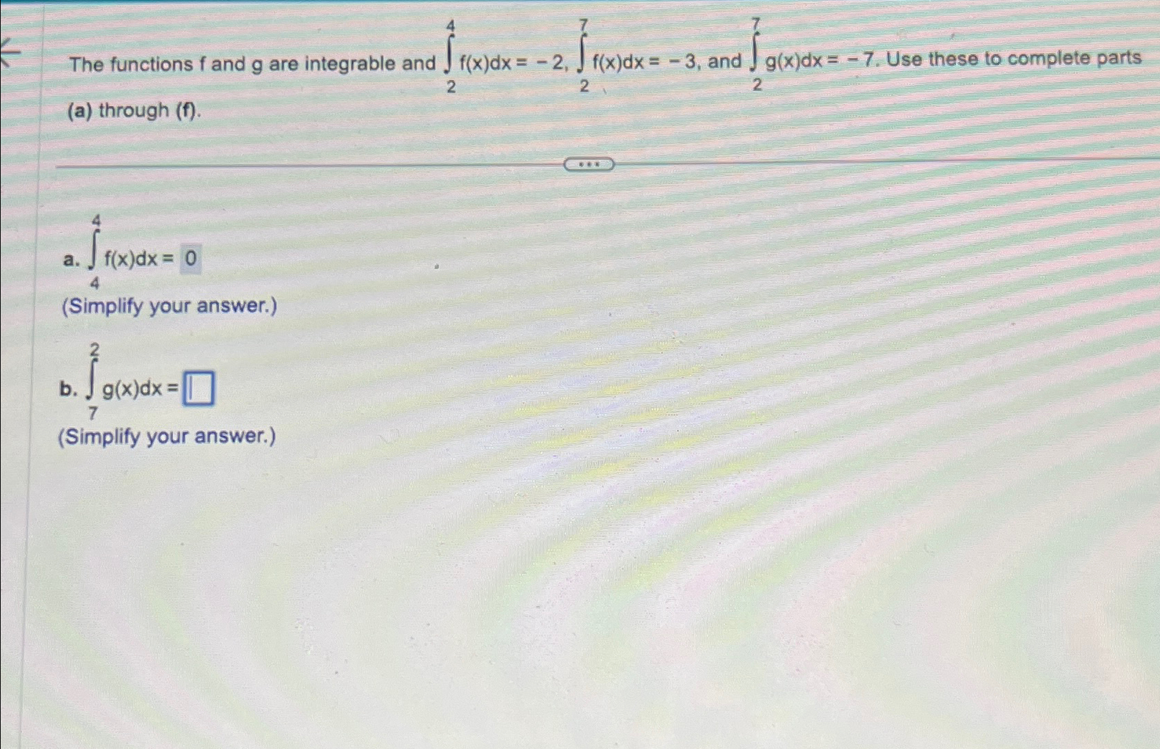 Solved The functions f ﻿and g ﻿are integrable and | Chegg.com