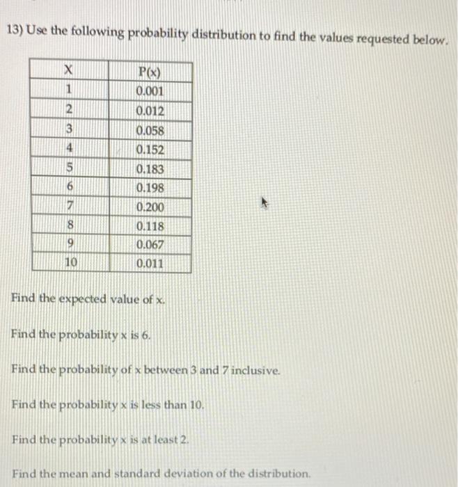 Solved 13) Use the following probability distribution to | Chegg.com