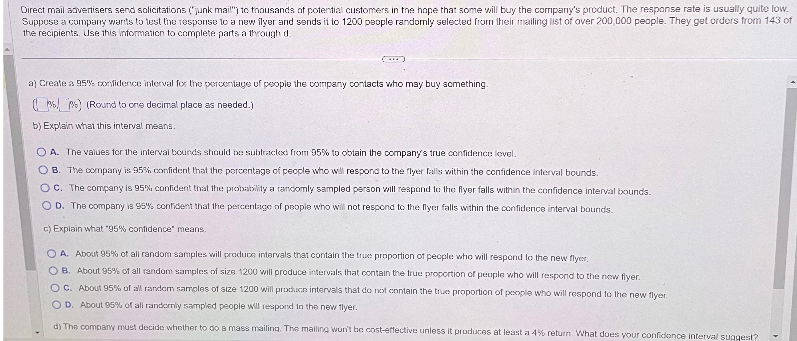 Solved Direct mail advertisers send solicitations ("junk | Chegg.com