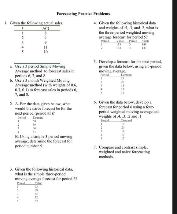 Solved Forecasting Practice Problems 1. Given the following | Chegg.com