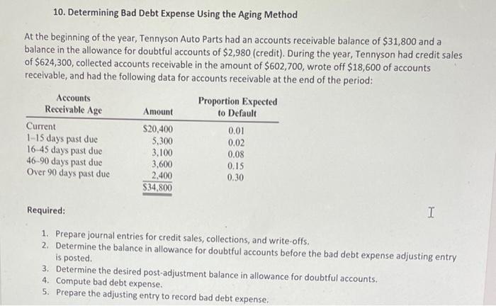 Solved 10. Determining Bad Debt Expense Using the Aging | Chegg.com