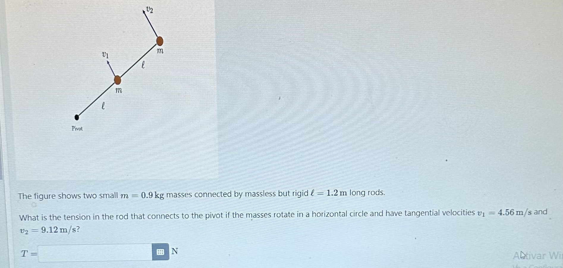Solved The figure shows two small m=0.9kg ﻿masses connected | Chegg.com
