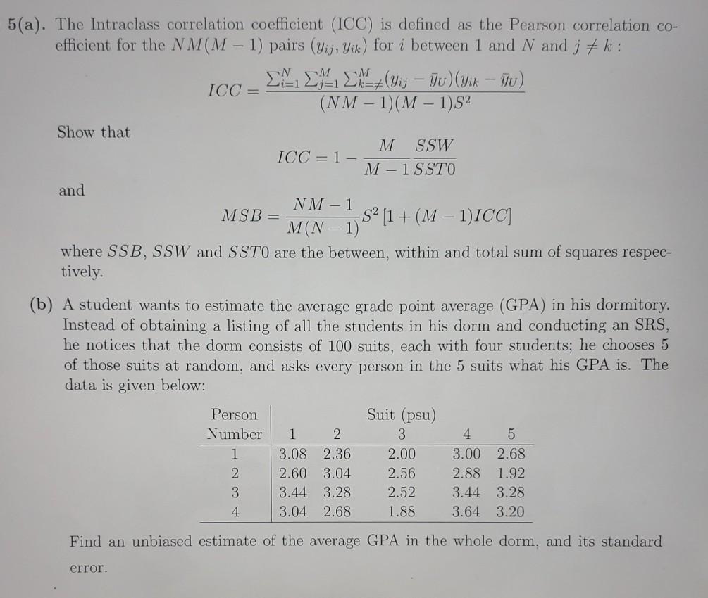 5(a). The Intraclass correlation coefficient (ICC) is | Chegg.com