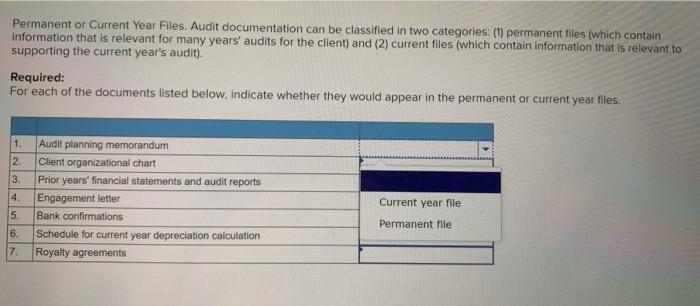 Solved Permanent or Current Year Files. Audit documentation | Chegg.com