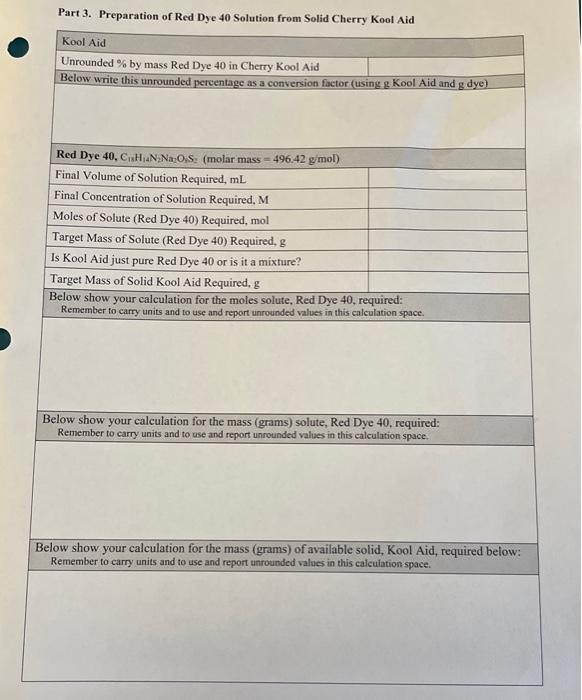 Date Name Section Preparation of Solutions Prelab | Chegg.com