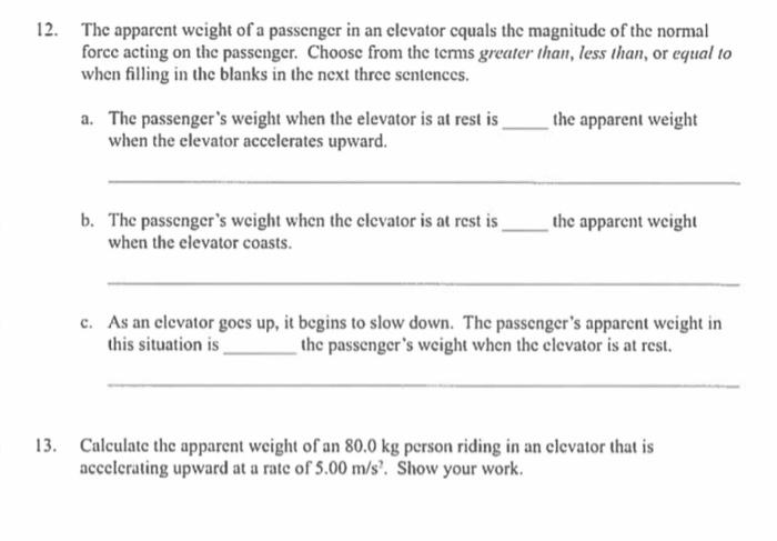 Solved 12. The apparent weight of a passenger in an elevator | Chegg.com