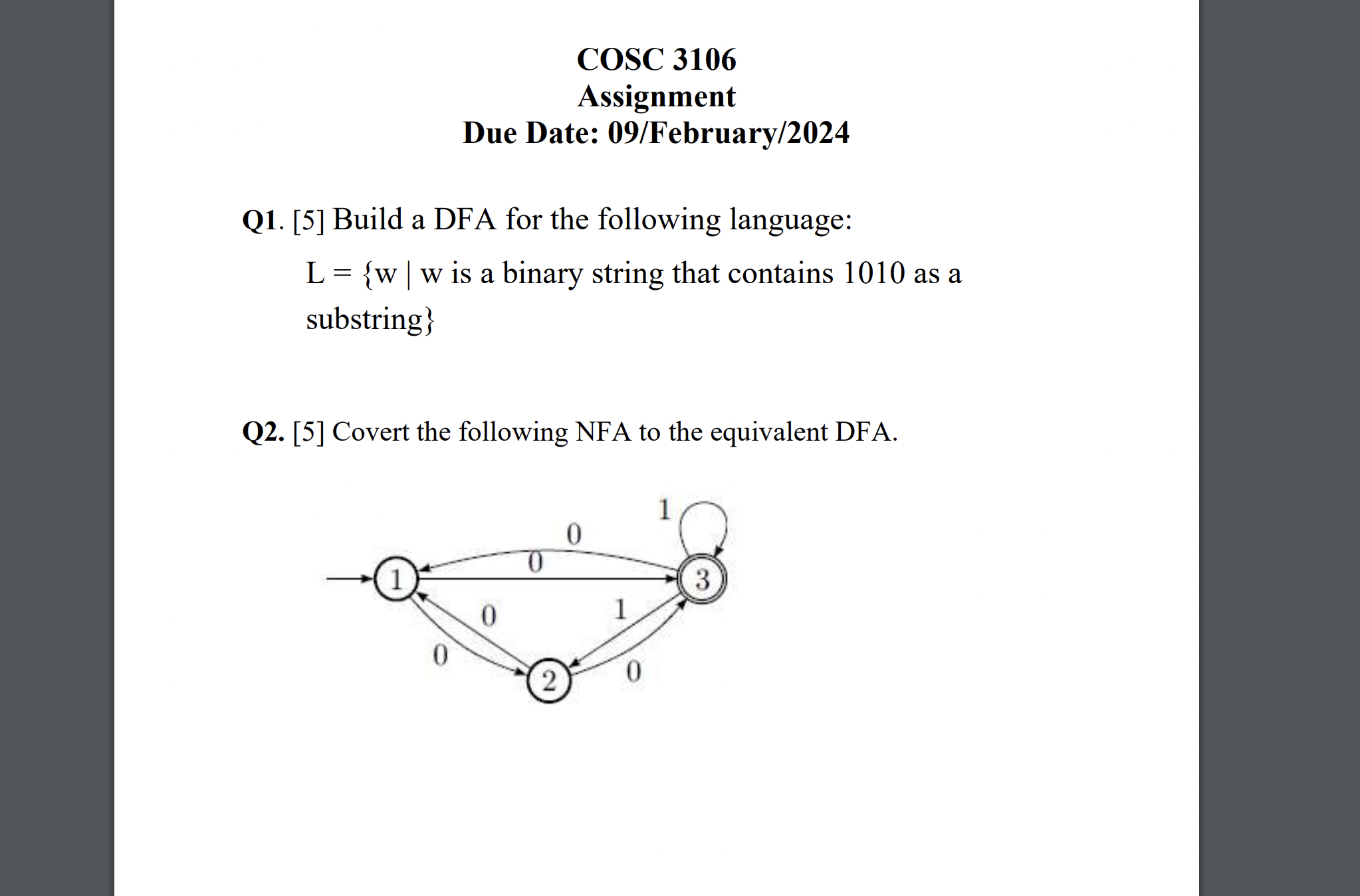 Solved Q1. [5] ﻿Build a DFA for the following language: ﻿is | Chegg.com
