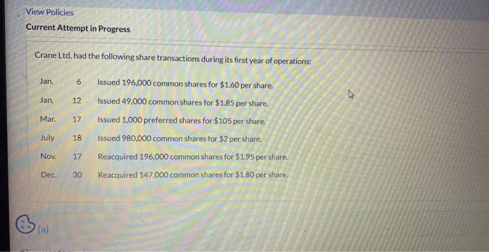 Solved Current Attempt in Progress Crane Ltd. had the | Chegg.com