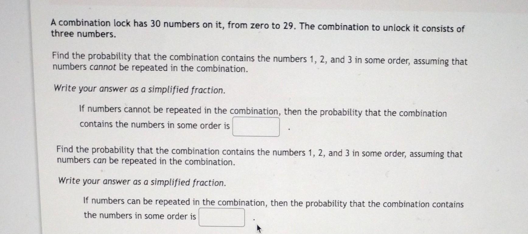Solved A combination lock has 30 numbers on it, from zero to | Chegg.com